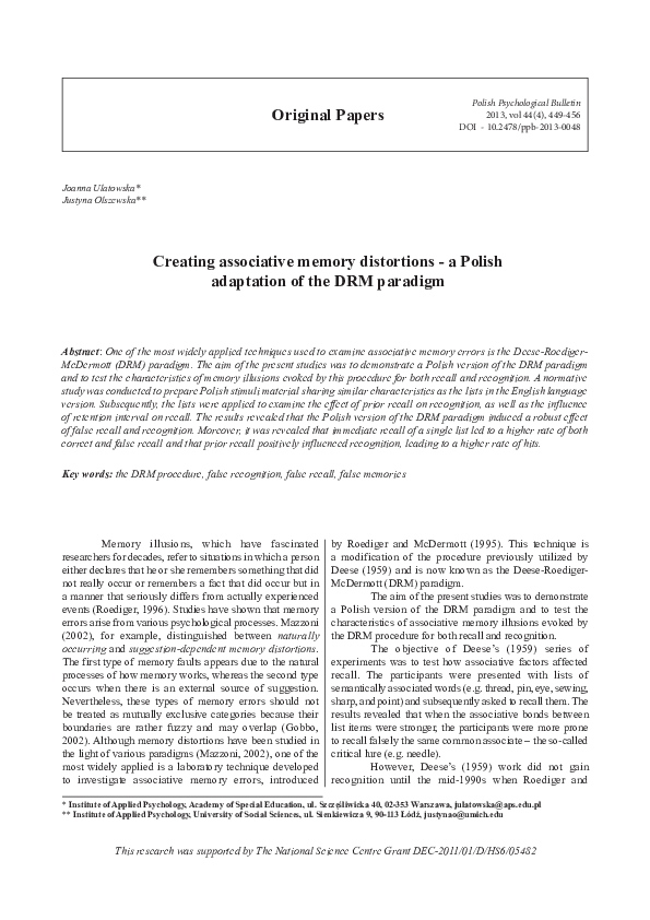 (PDF) Creating associative memory distortions - a Polish adaptation of ...