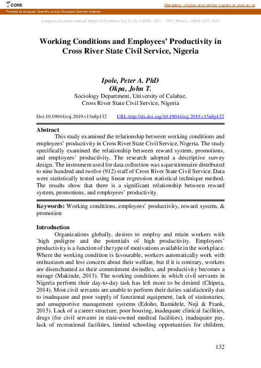 (PDF) Working Conditions and Employees’ Productivity in Cross River ...