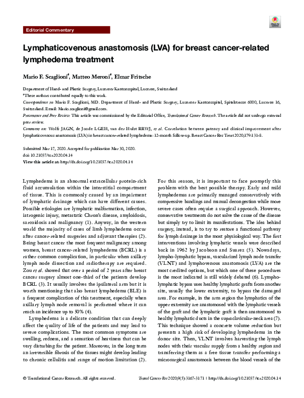 (PDF) Lymphaticovenous anastomosis (LVA) for breast cancer-related ...
