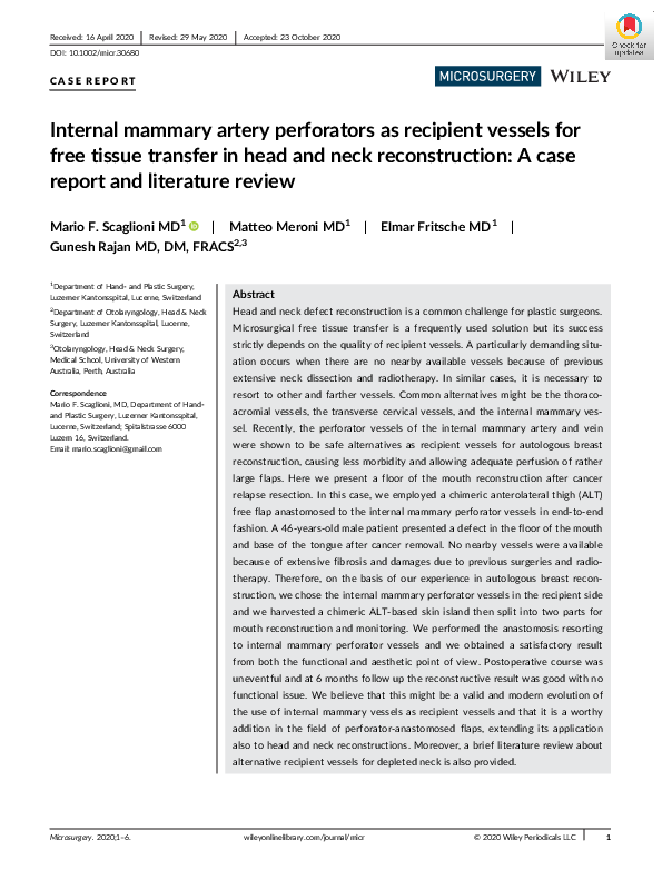 (PDF) Internal mammary artery perforators as recipient vessels for free ...