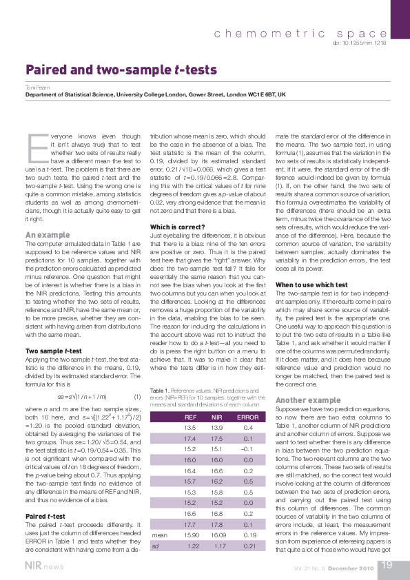 (PDF) Paired and two-sample t-tests