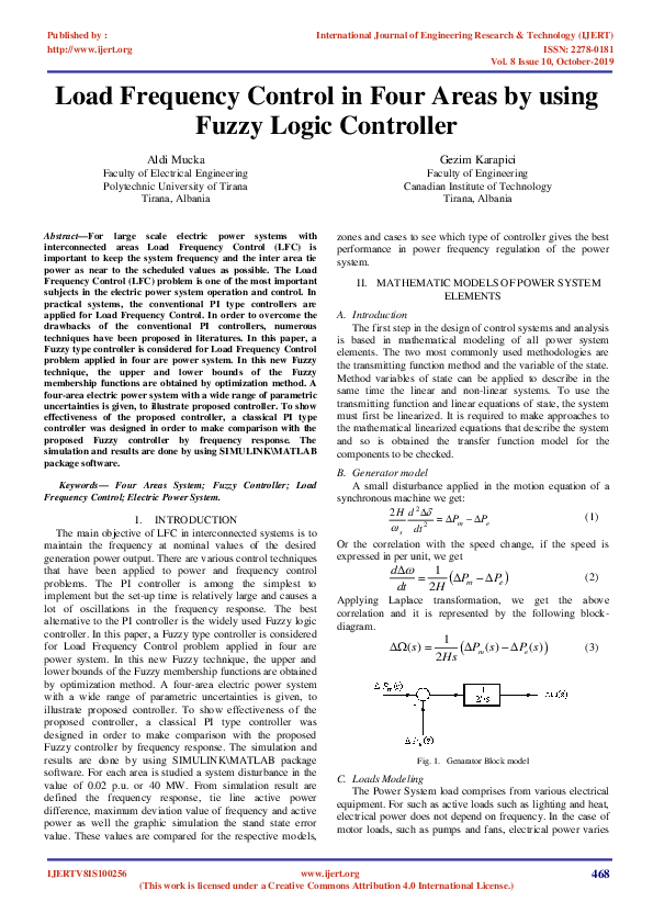 (PDF) Load Frequency Control in Four Areas by using Fuzzy Logic Controller