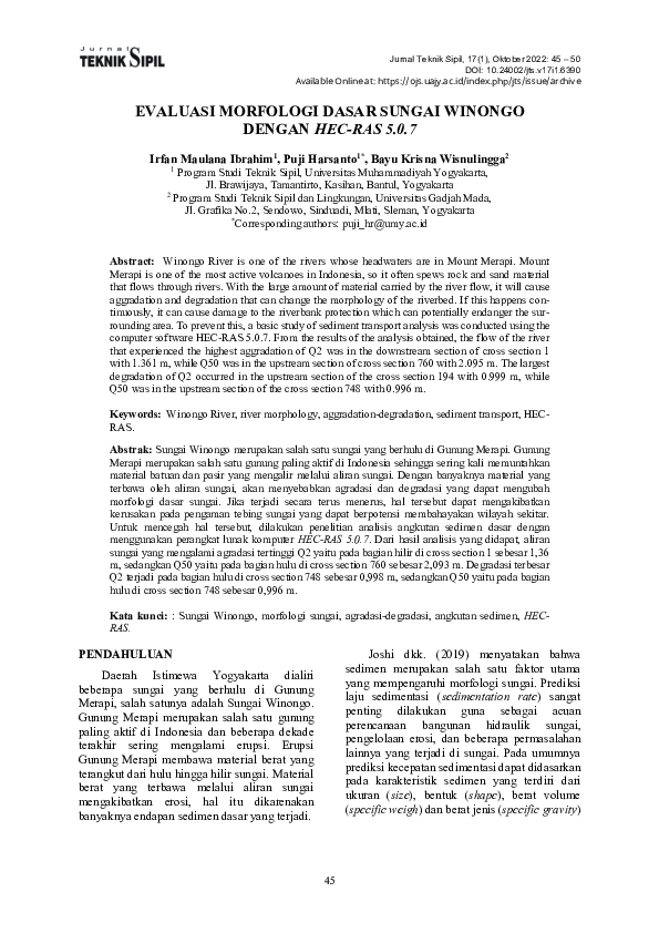 (PDF) Evaluasi Morfologi Dasar Sungai Winongo Dengan Hec-Ras 5.0.7
