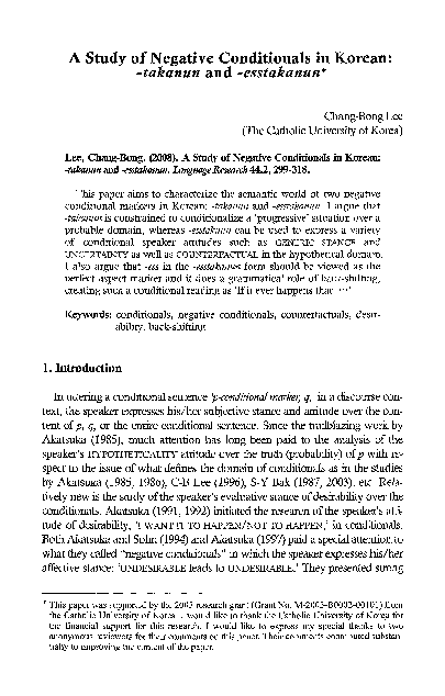(PDF) A Study of Negative Conditionals in Korean: -takanun and -esstakanun