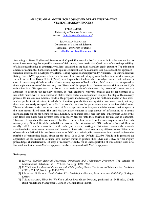 (PDF) An actuarial model for Loss Given Default estimation via Semi-Markov process | Fabio ...