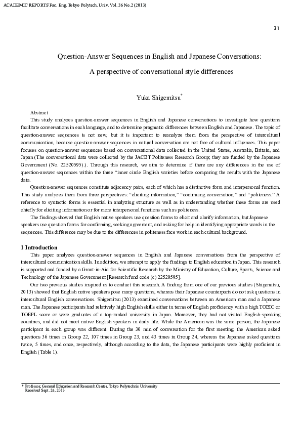 (PDF) Question-Answer Sequences in English and Japanese Conversations: A perspective of ...