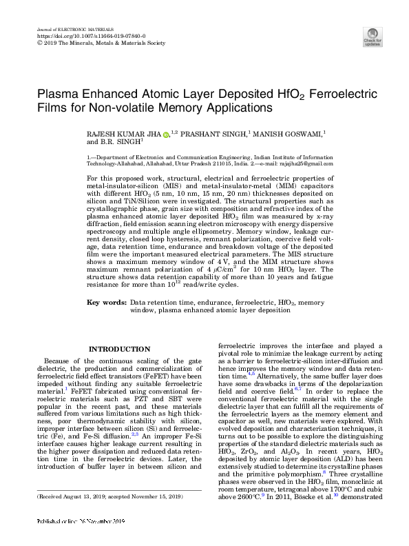 (PDF) Plasma Enhanced Atomic Layer Deposited HfO2 Ferroelectric Films for Non-volatile Memory ...
