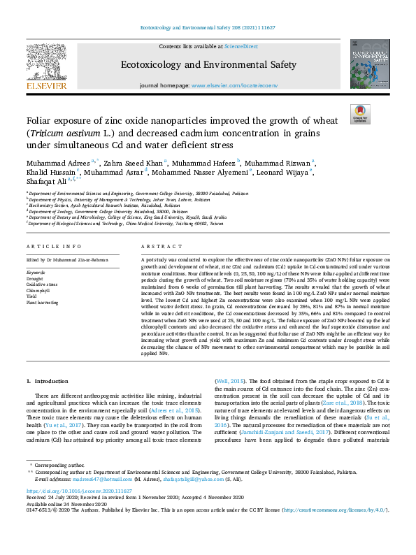 (PDF) Foliar exposure of zinc oxide nanoparticles improved the growth ...