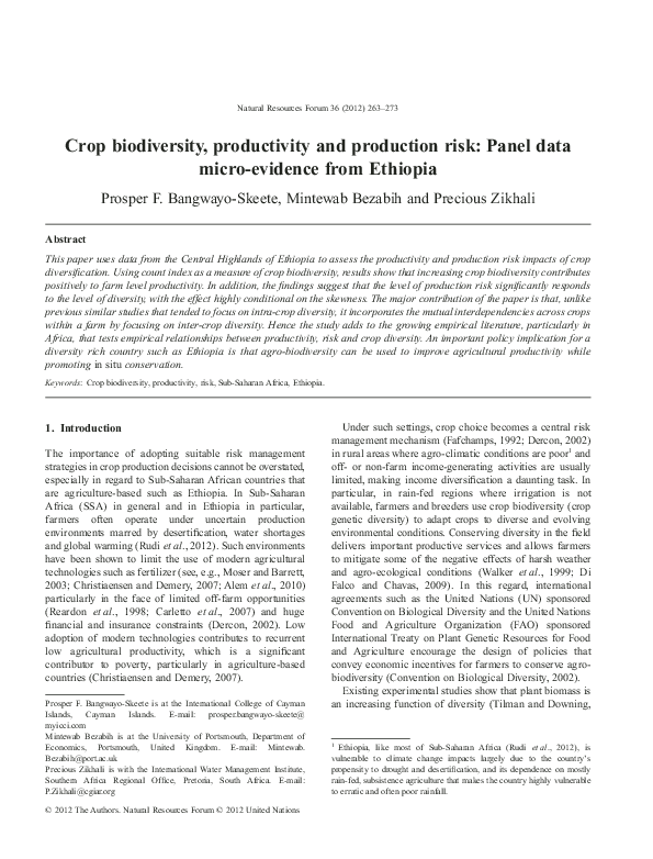 (PDF) Crop biodiversity, productivity and production risk: Panel data ...