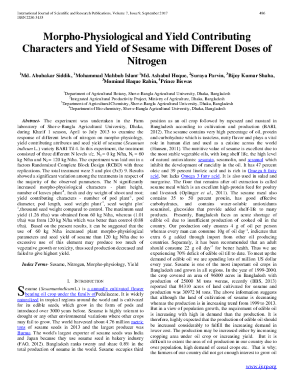Pdf Morpho Physiological And Yield Contributing Characters And Yield Of Sesame With Different