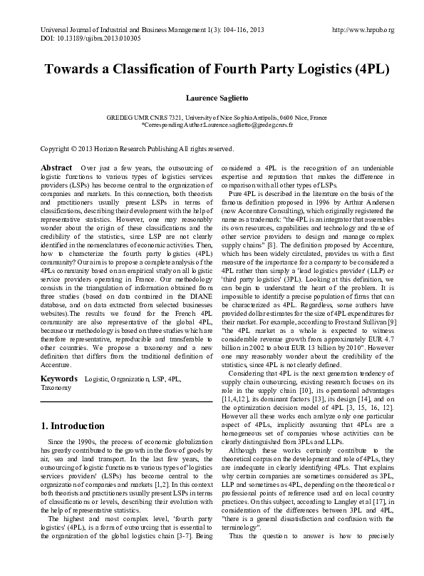 (PDF) Towards a Classification of Fourth Party Logistics (4PL)
