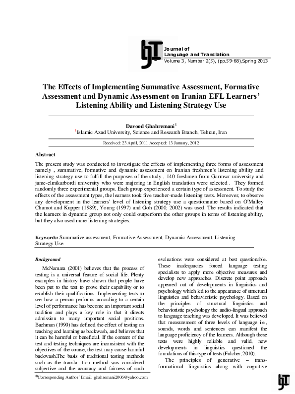 (PDF) The Effects of Implementing Summative Assessment, Formative Assessment and Dynamic ...