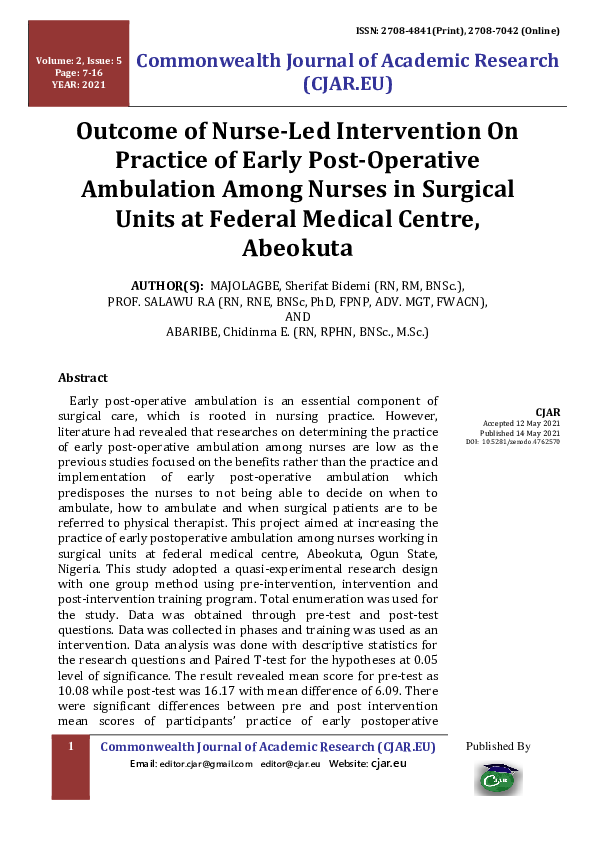 (PDF) Outcome of Nurse-Led Intervention On Practice of Early Post ...