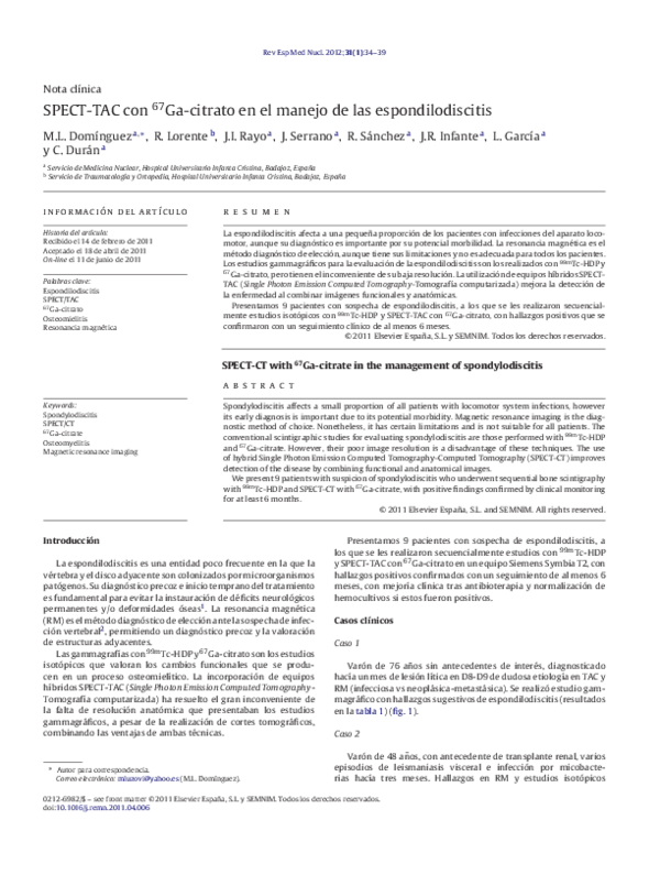 (PDF) SPECT-TAC con 67Ga-citrato en el manejo de las espondilodiscitis