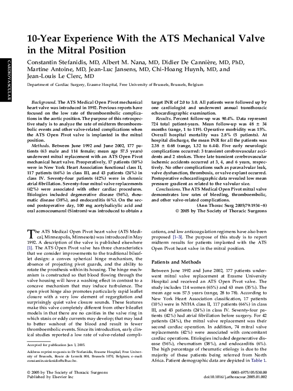 (PDF) 10-Year Experience With the ATS Mechanical Valve in the Mitral ...
