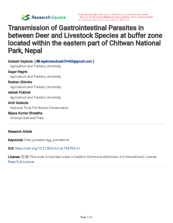 (PDF) Transmission of Gastrointestinal Parasites in between Deer and ...
