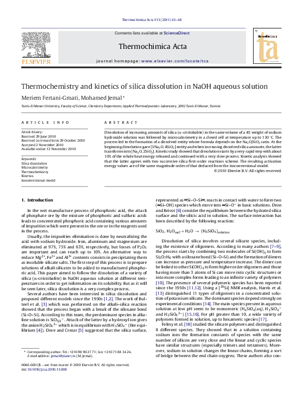 (PDF) Thermochemistry and kinetics of silica dissolution in NaOH ...