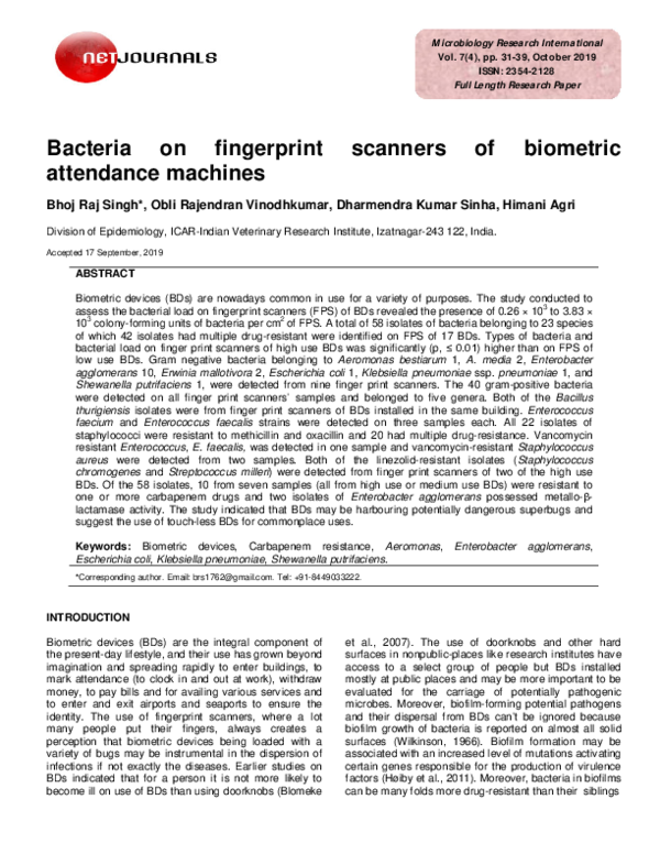 (PDF) Bacteria on fingerprint scanners of biometric attendance machines