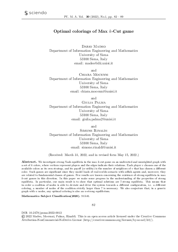 (PDF) Optimal colorings of Max k-Cut game