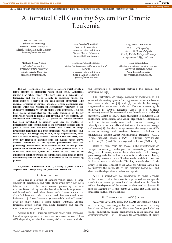 (PDF) Automated Cell Counting System For Chronic Leukemia | Nur Azzah Abu Bakar - Academia.edu