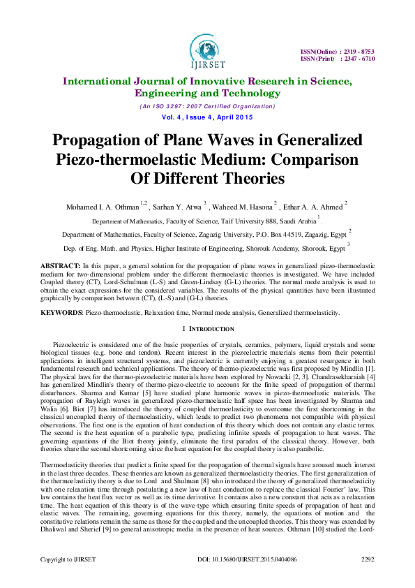 (PDF) Propagation of Plane Waves in GeneralizedPiezo-thermoelastic Medium: ComparisonOf ...