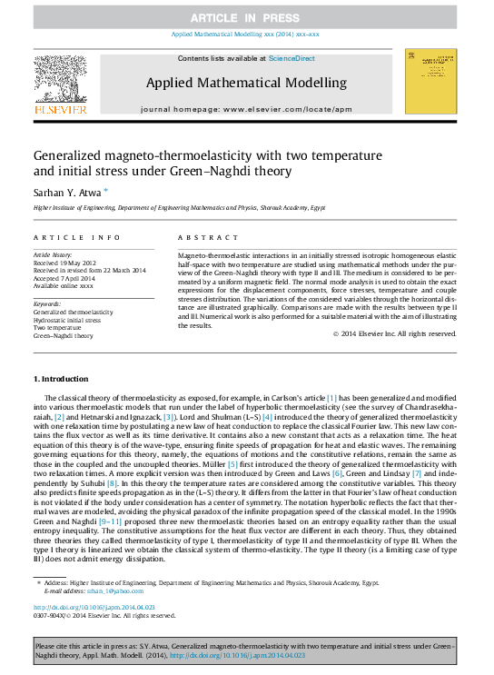 Pdf Generalized Magneto Thermoelasticity With Two Temperature And Initial Stress Under Green