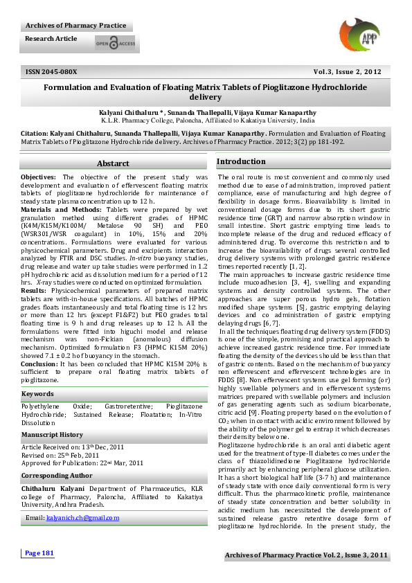 Pdf Formulation And Evaluation Of Floating Matrix Tablets Of Pioglitazone Hydrochloride Delivery