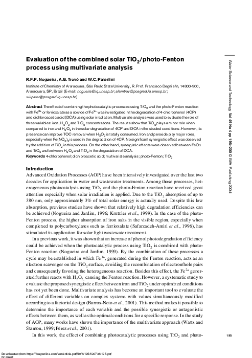 (PDF) Evaluation of the combined solar TiO2/photo-Fenton process using multivariate analysis
