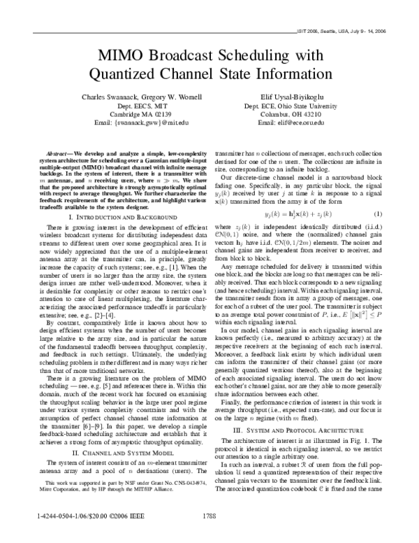 (PDF) MIMO Broadcast Scheduling with Quantized Channel State Information
