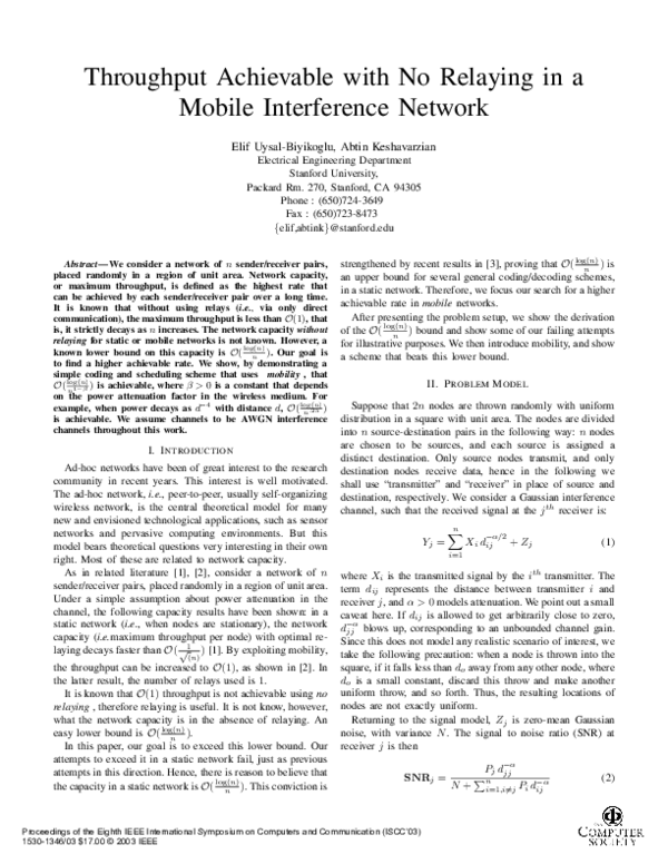 (PDF) Throughput achievable with no relaying in a mobile interference network | Elif Uysal ...