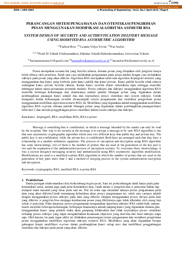 Pdf Perancangan Sistem Pengamanan Dan Otentikasi Pengiriman Pesan Menggunakan Modifikasi