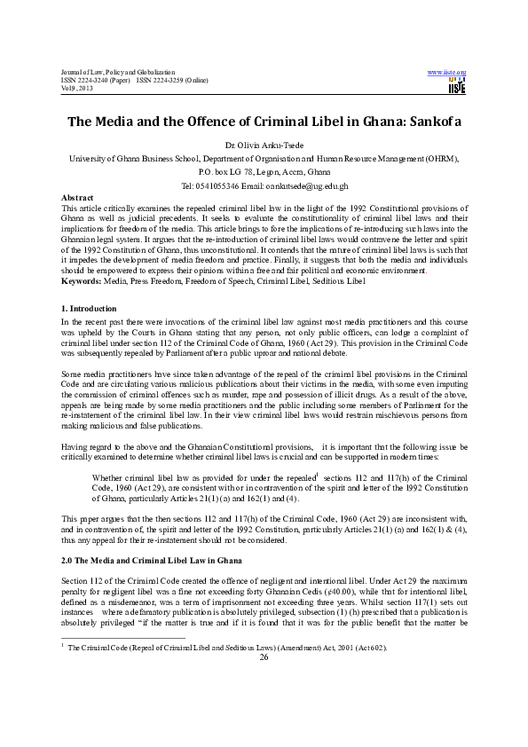 (PDF) The Media and the Offence of Criminal Libel in Ghana: Sankofa