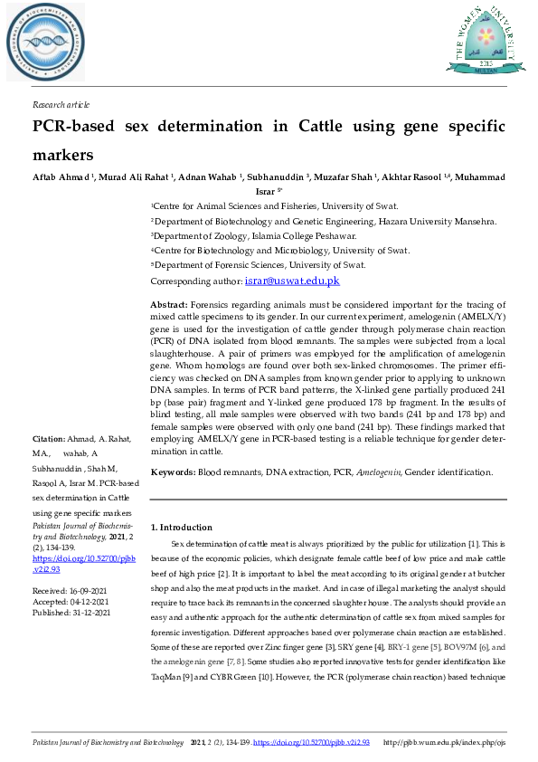 Pdf Pcr Based Sex Determination In Cattle Using Gene Specific Markers