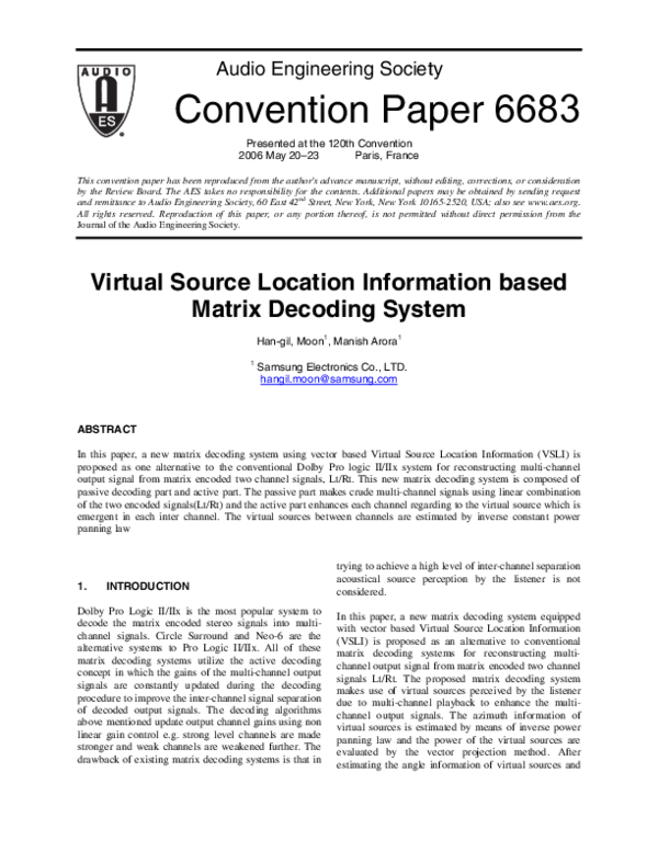 Virtual Source Location Information based Matrix Decoding System
