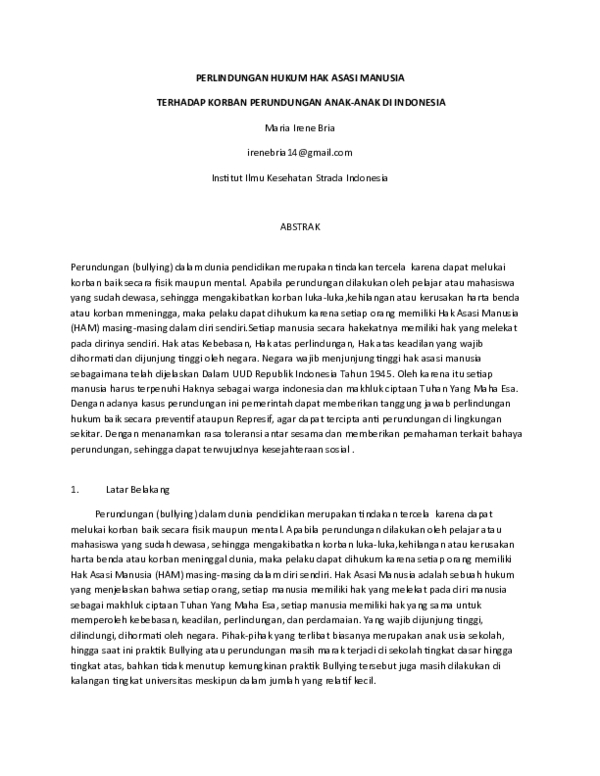(DOC) PERLINDUNGAN HUKUM HAK ASASI MANUSIA TERHADAP KORBAN PERUNDUNGAN ANAK