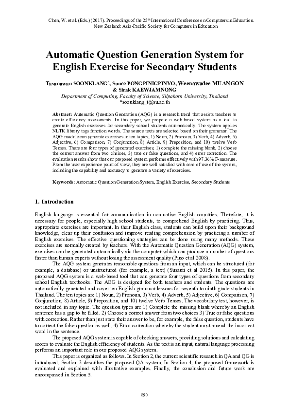 (PDF) Automatic Question Generation System for English Exercise for ...