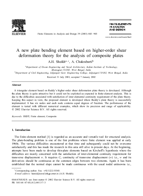 Pdf A New Plate Bending Element Based On Higher Order Shear Deformation Theory For The