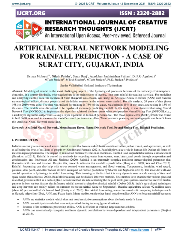 (PDF) Artificial Neural Network Modeling for Rainfall Prediction-A Case of Surat City, Gujarat ...