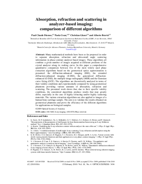 (PDF) Absorption, refraction and scattering in analyzer-based imaging: comparison of different ...