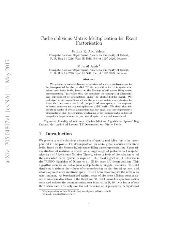 (PDF) Cache-oblivious Matrix Multiplication for Exact TU Factorisation