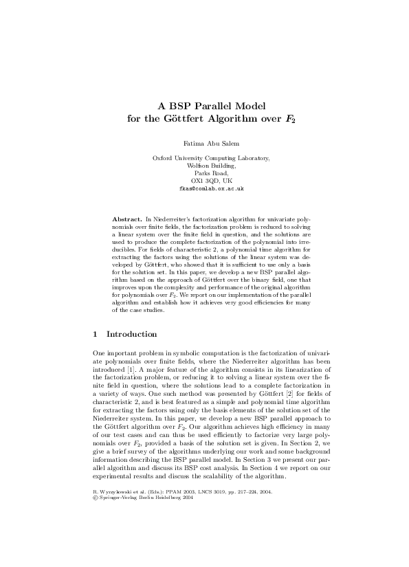 (PDF) A BSP Parallel Model for the Göttfert Algorithm over F 2