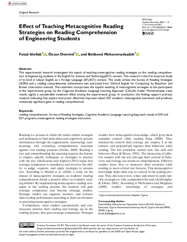 (PDF) Effect of Teaching Metacognitive Reading Strategies on Reading ...