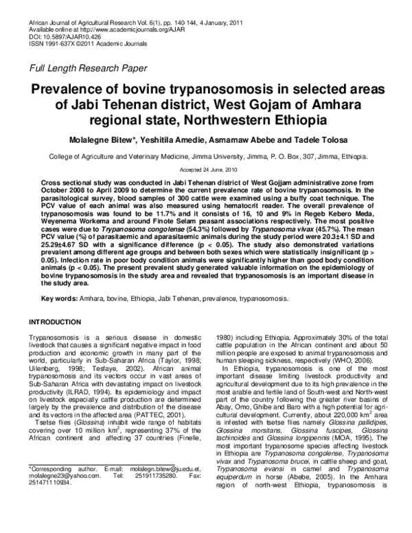 (PDF) Prevalence of bovine trypanosomosis in selected areas of Jabi ...