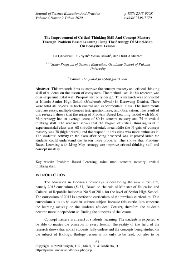 (PDF) The Improvement of Critical Thinking Skill And Concept Mastery Through Problem Based ...