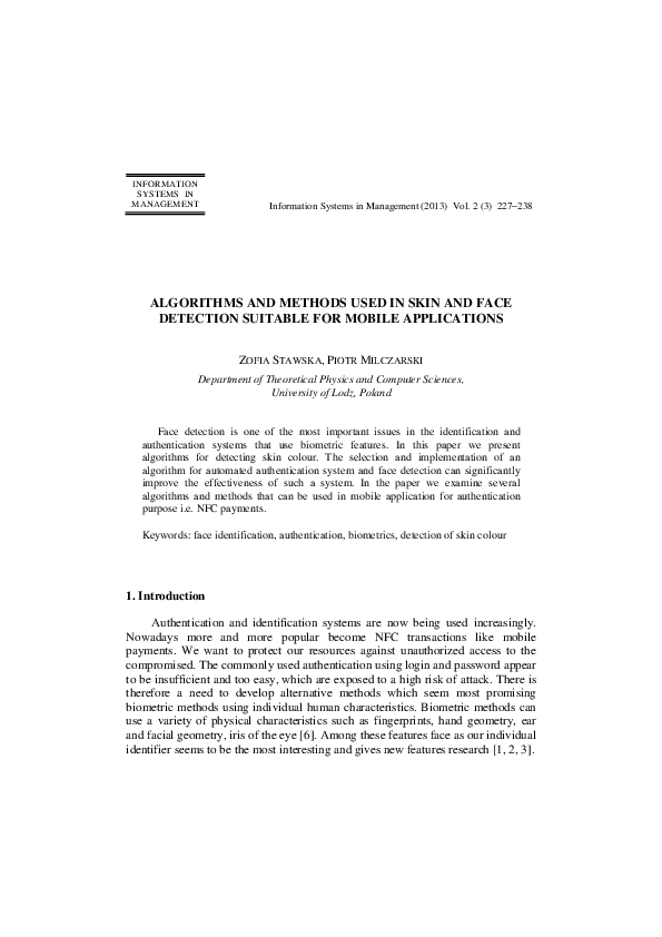 (PDF) Algorithms and Methods Used in Skin and Face Detection Suitable for Mobile Applications