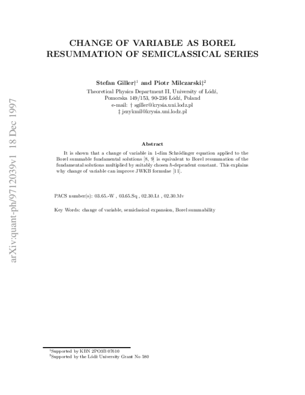 (PDF) Milzczarski P. “Change of Variable as Borel Resummation of ...