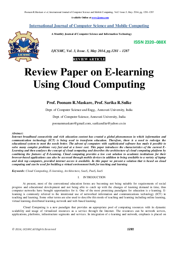(PDF) Review Paper on E-learning Using Cloud Computing
