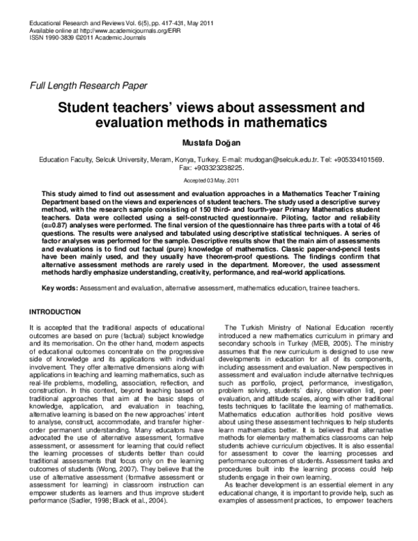 (PDF) Student teachers' views about assessment and evaluation methods ...