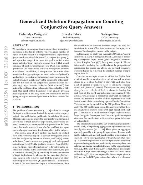 (PDF) Generalized Deletion Propagation on Counting Conjunctive Query Answers