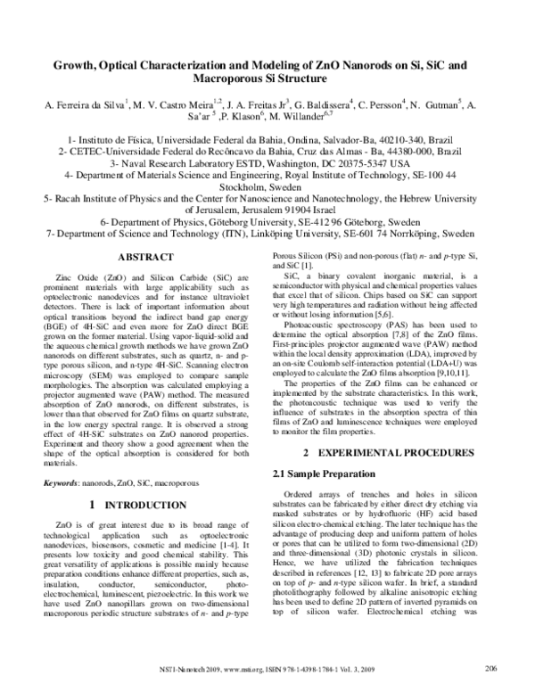 (PDF) Growth, Optical Characterization and Modelling of ZnO Nanorods on Si, SiC and Macroporous ...